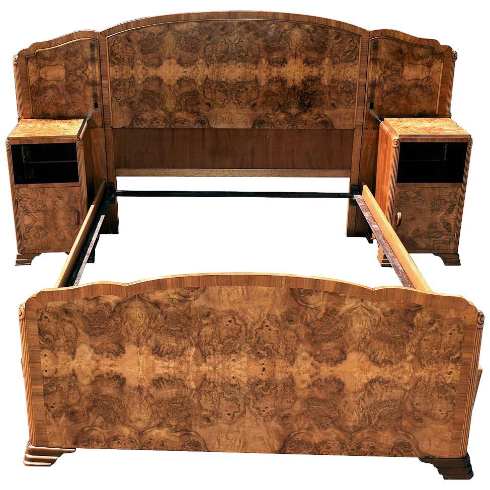 Original 1930s Art Deco Odeon Walnut Double Bed with Integral Cabinets ...