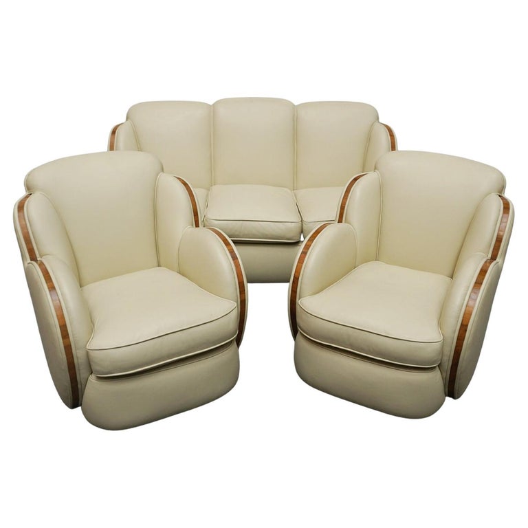 Original 1930's Art Deco Three Piece Lounge Suite Upholstered in Cream ...