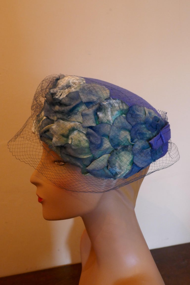 Original 1950s Blue Pill Box Hat, Decorated with Roses and Veil, by ...