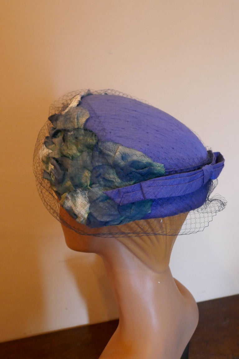 Original 1950s Blue Pill Box Hat, Decorated with Roses and Veil, by ...