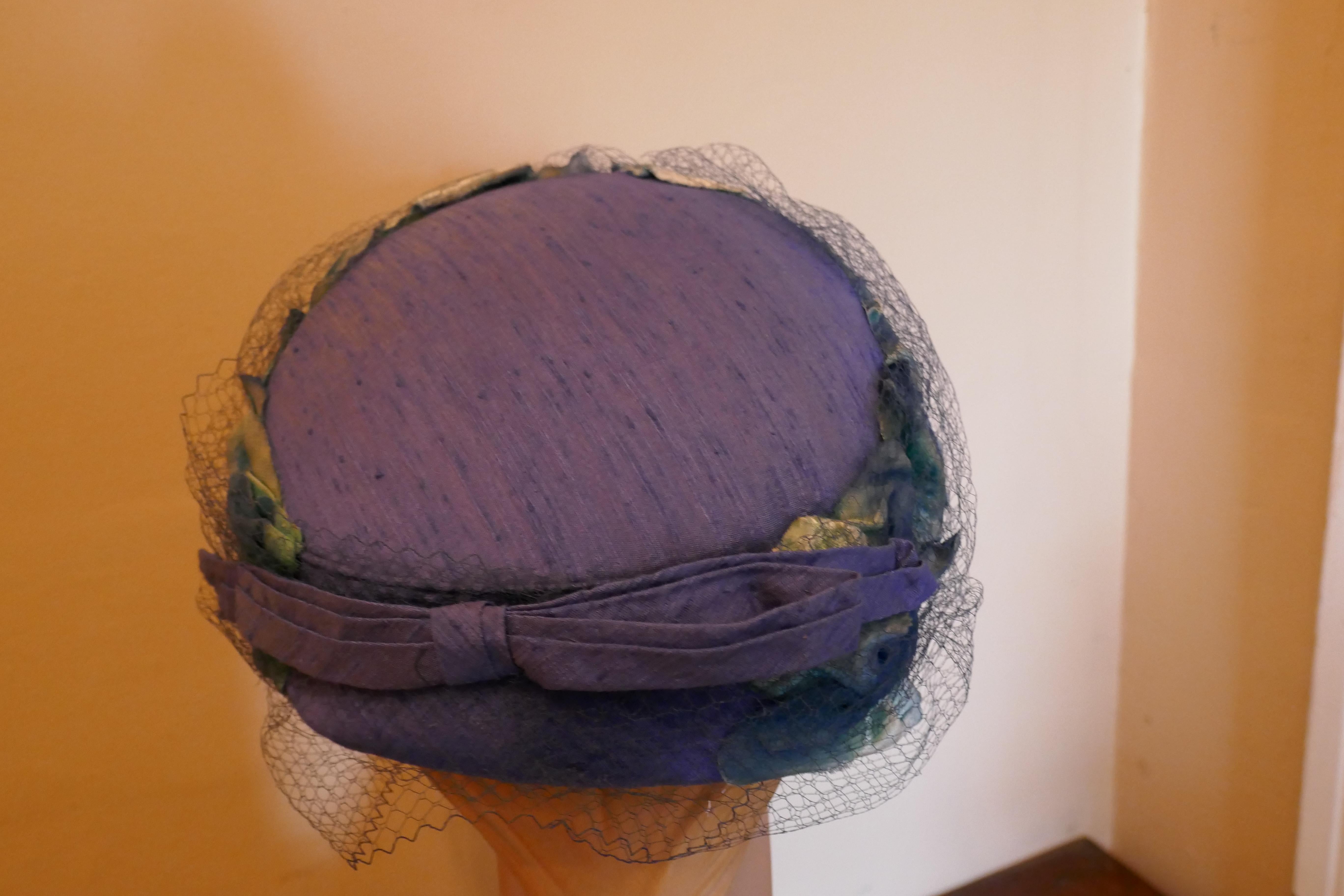 Original 1950s Blue Pill Box Hat, Decorated with Roses and Veil, by ...
