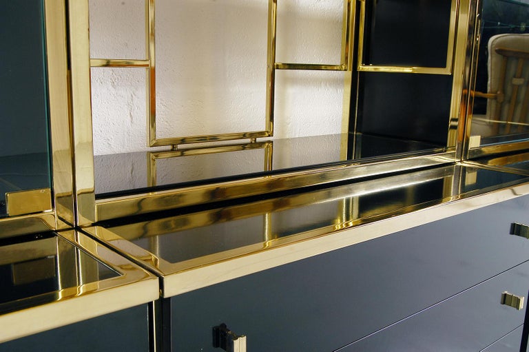 Original 1970s Italian Brass and Black Gloss Wall System Cabinets by ...