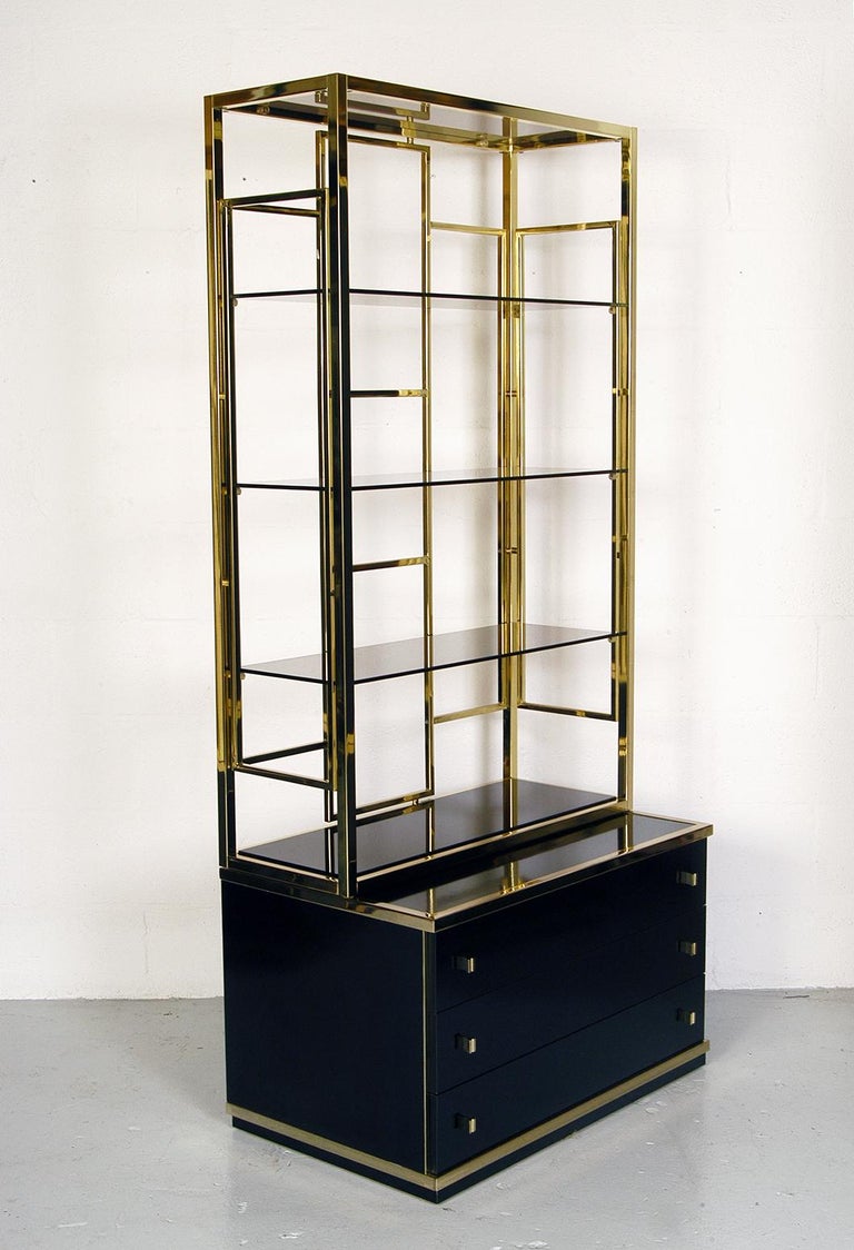 Original 1970s Italian Brass and Black Gloss Wall System Cabinets by ...