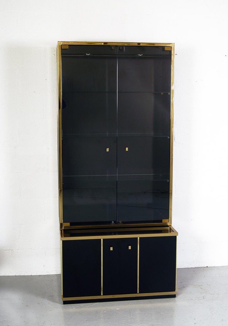 Original 1970s Italian Brass and Black Gloss Wall System Cabinets by ...