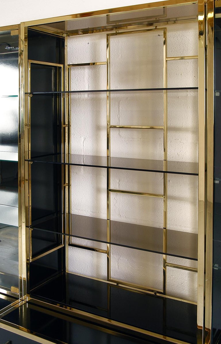 Original 1970s Italian Brass and Black Gloss Wall System Cabinets by ...
