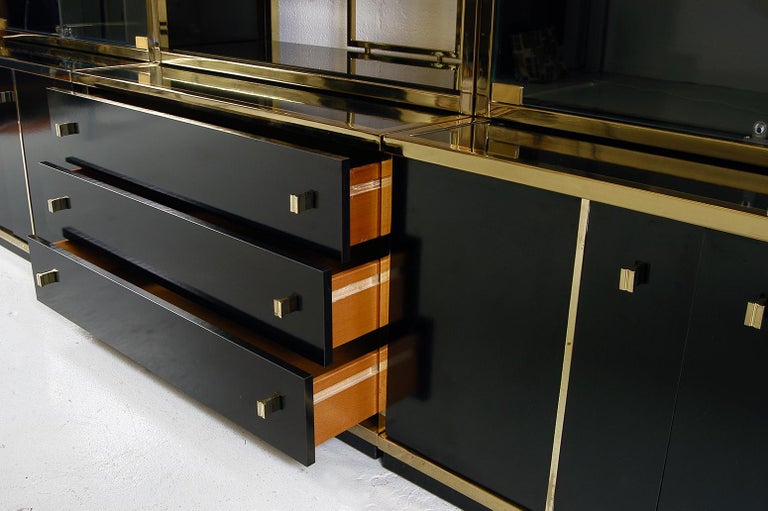 Original 1970s Italian Brass and Black Gloss Wall System Cabinets by ...