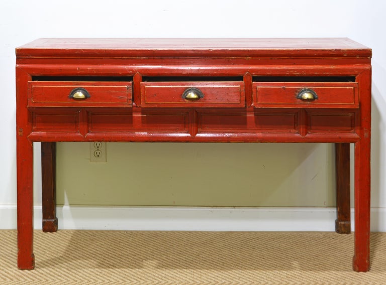 Original 19th C Chinese Partly Red Lacquered Three Drawer Storage ...