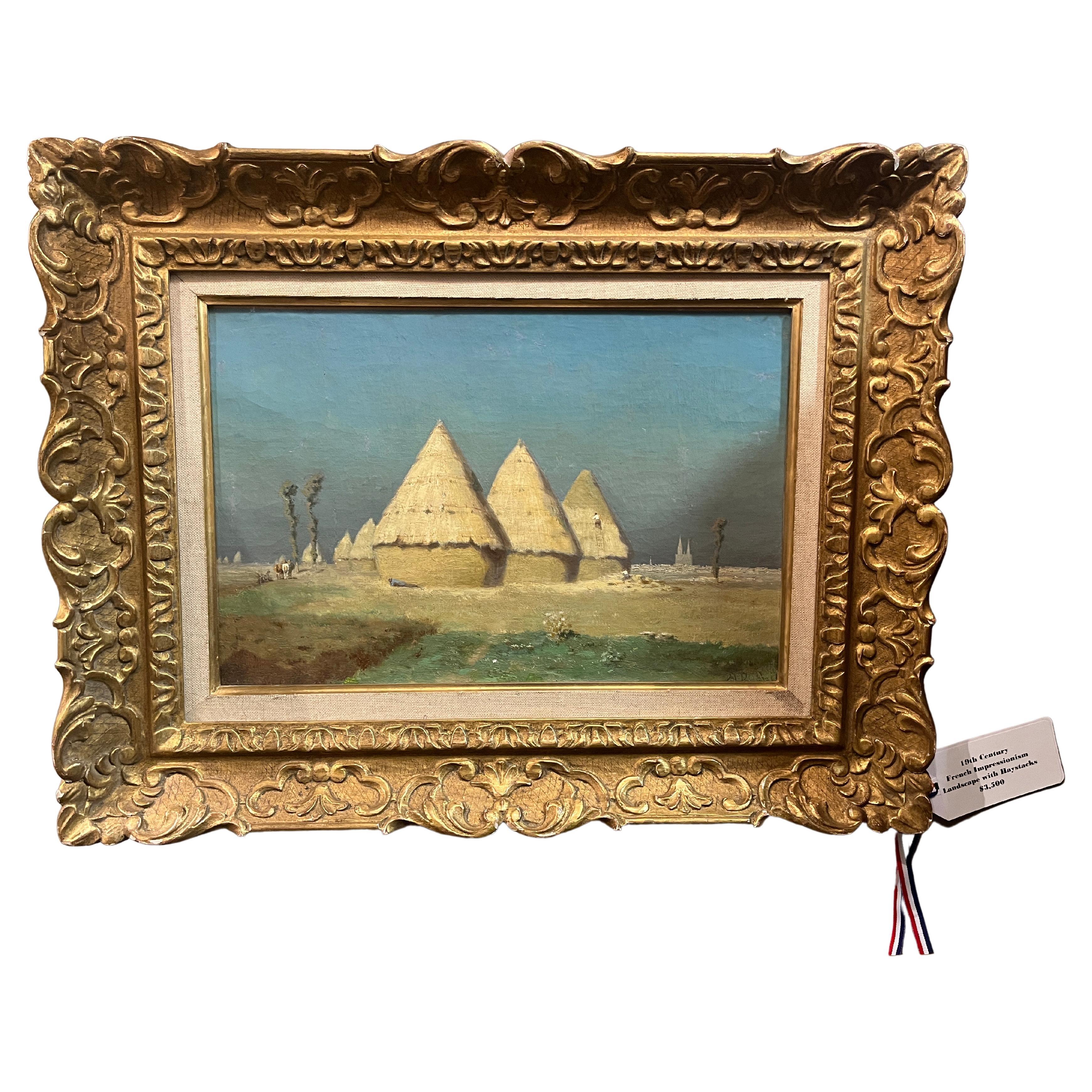 Original 19th Century French Impressionistic Oil Painting of Haystacks ...