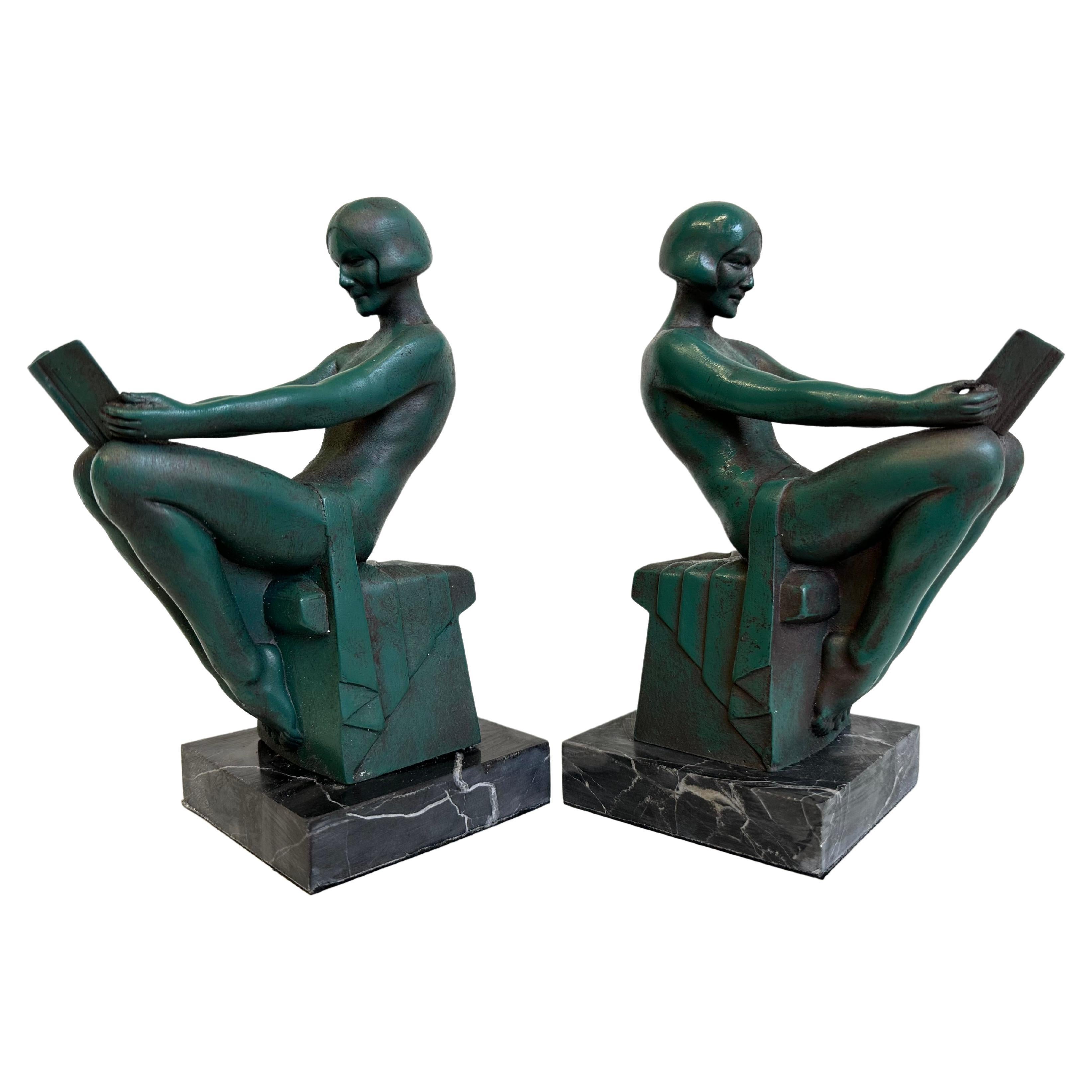 Original Max Le Verrier 1920s French Art Deco Bookends Reading Ladies ...