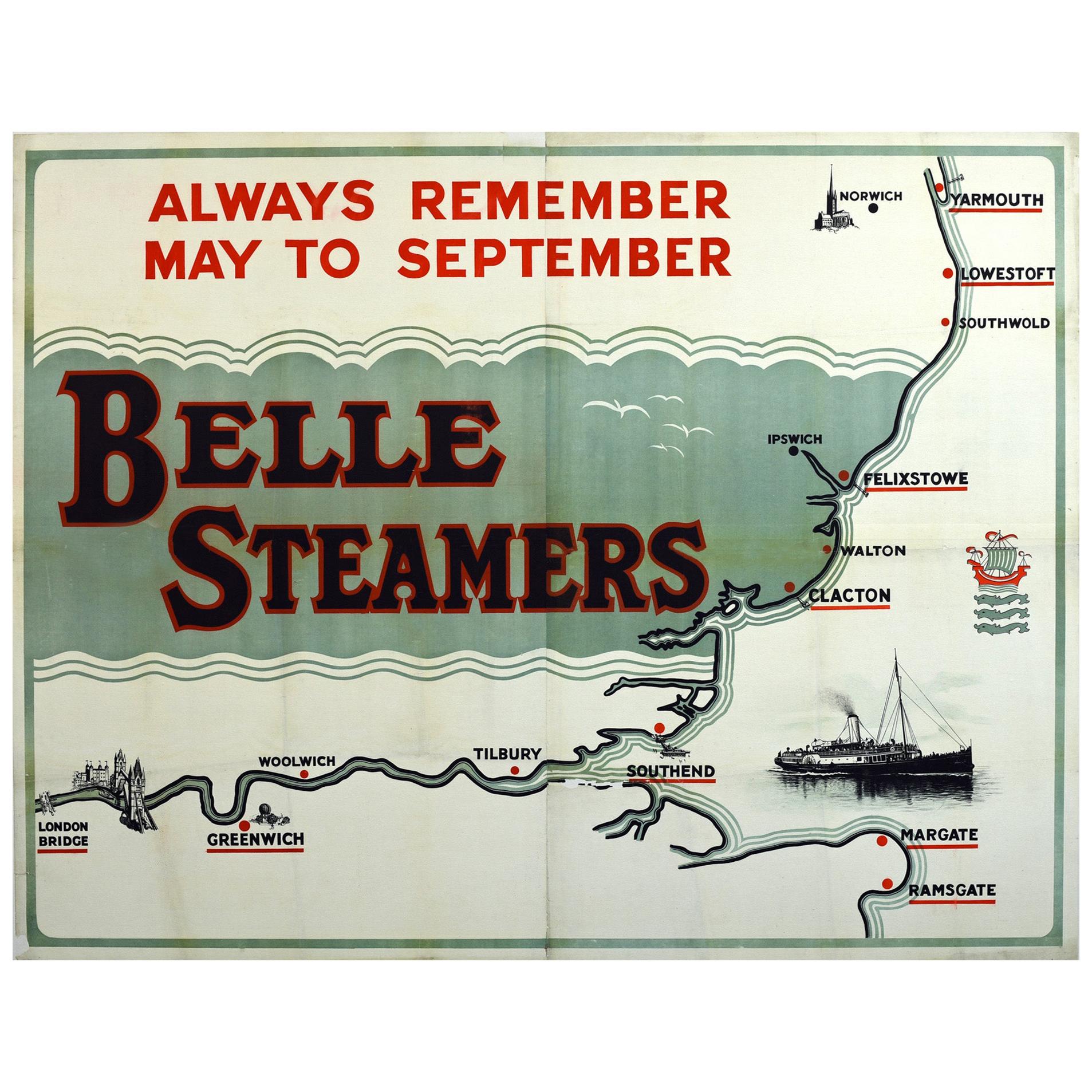 Original Antique Belle Steamers Poster Paddle Steamer Ship Map London ...