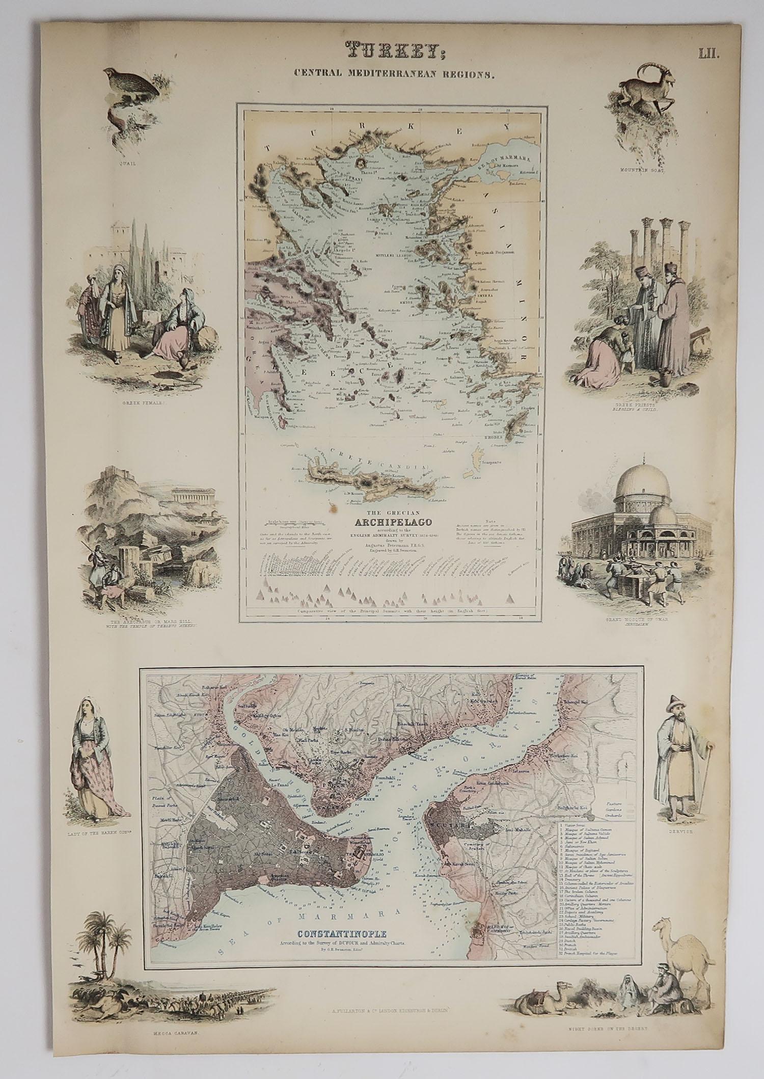 Original Antique Decorative Map of Greece and Istanbul, Fullarton, C ...