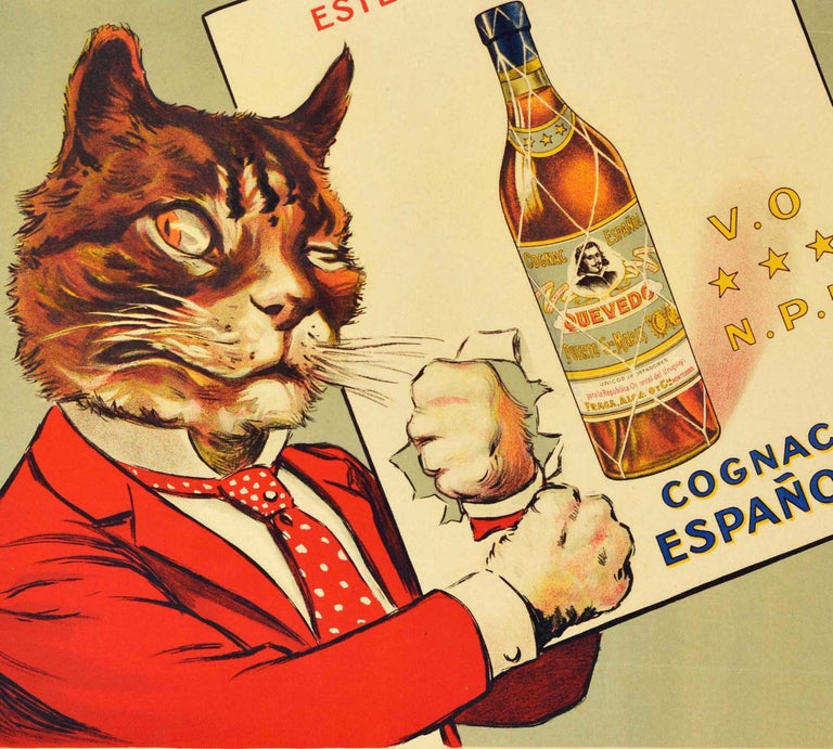 Original Antique Drink Advertising Poster Cognac Quevedo Alcohol Cat ...