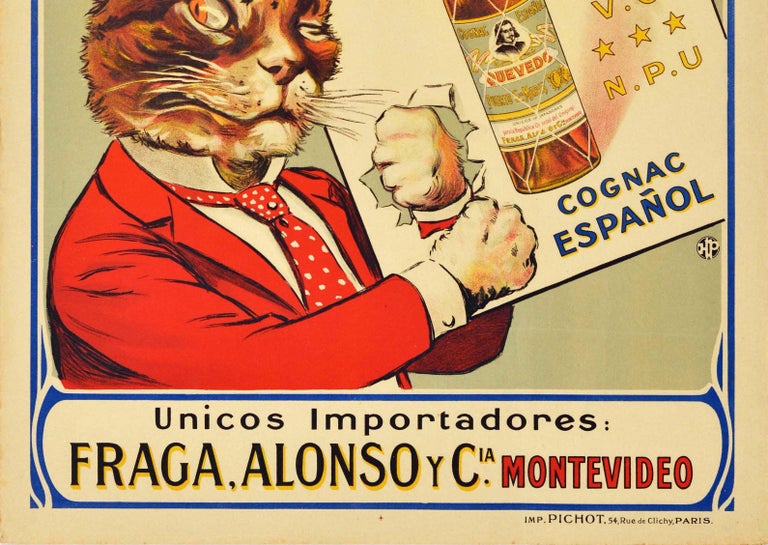 Original Antique Drink Advertising Poster Cognac Quevedo Alcohol Cat ...