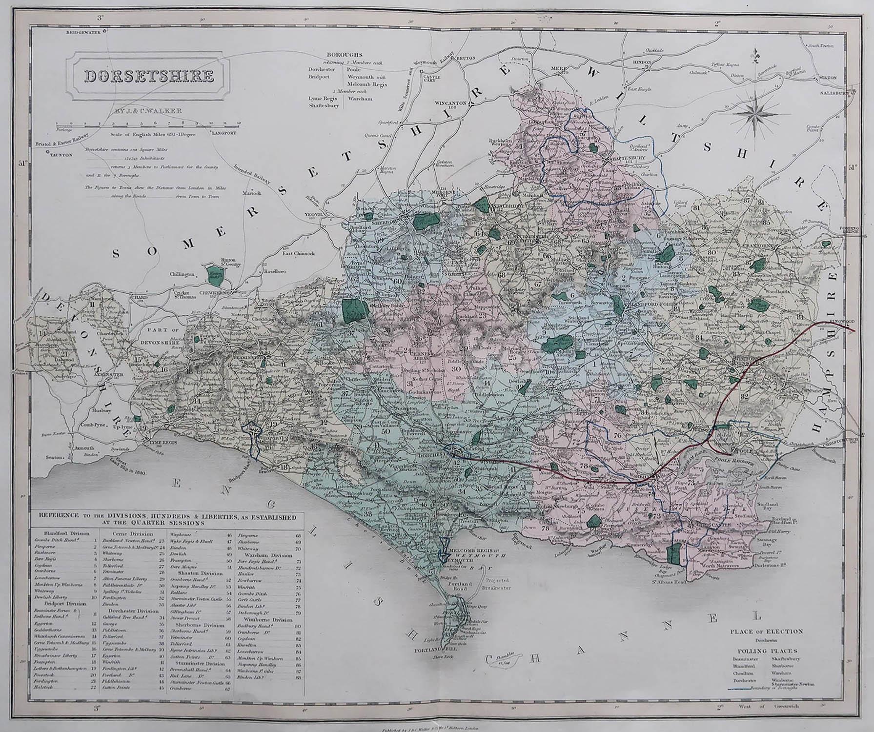 Original Antique English County Map, Dorset, J and C Walker, 1851 For ...