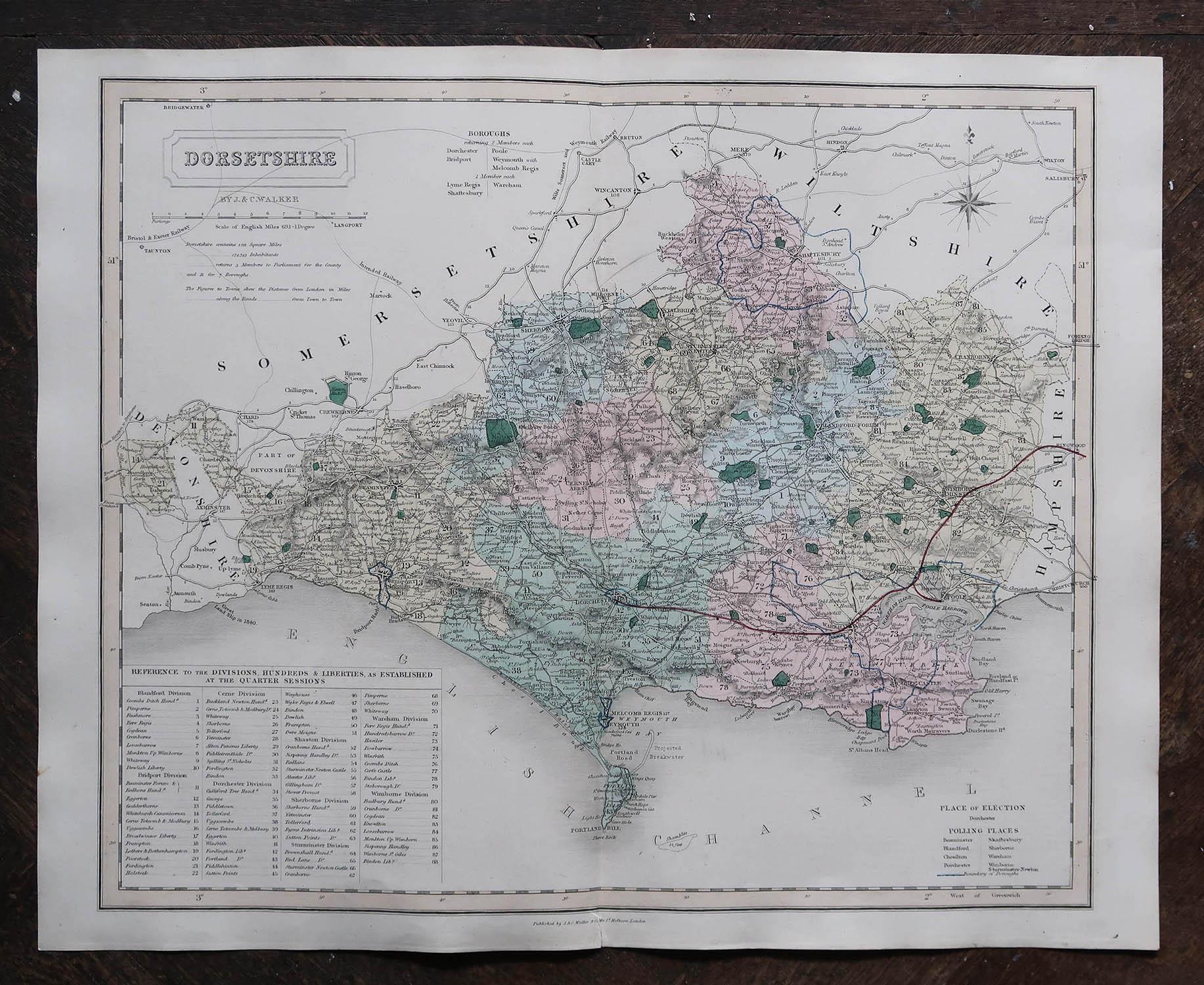 Original Antique English County Map, Dorset, J and C Walker, 1851 For ...