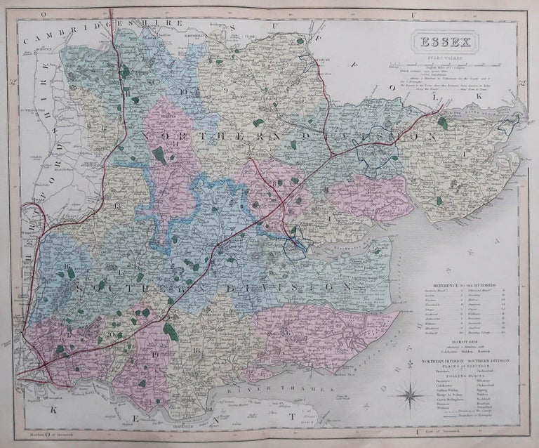 Original Antique English County Map, Essex. J and C Walker. 1851 For ...