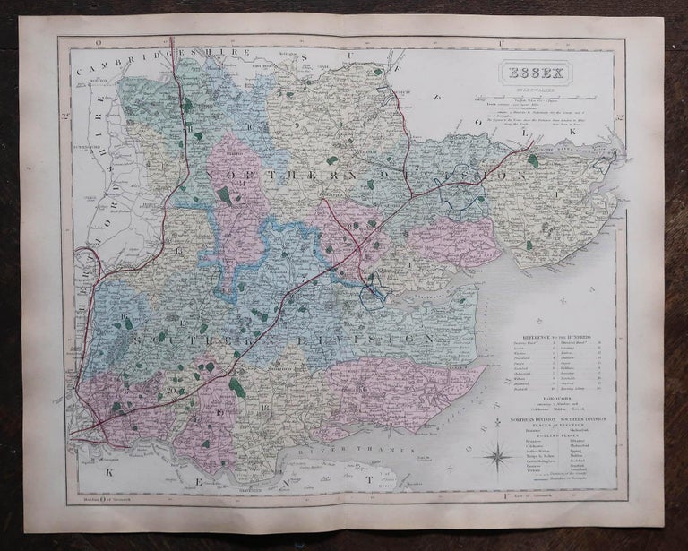 Original Antique English County Map, Essex. J and C Walker. 1851 For ...