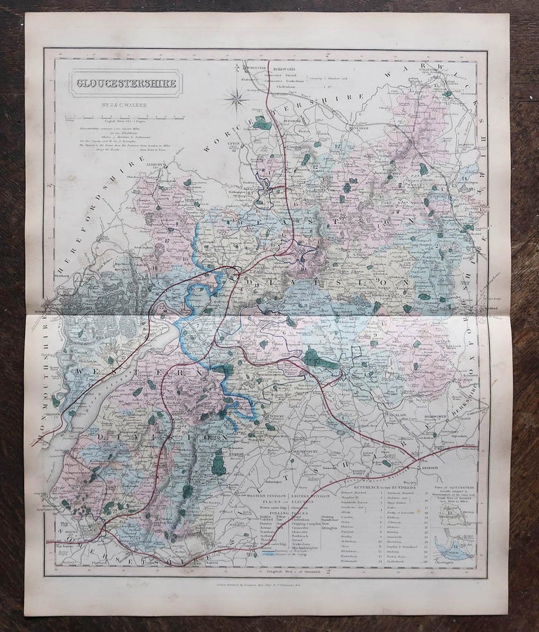 Original Antique English County Map, Gloucestershire, J and C Walker ...
