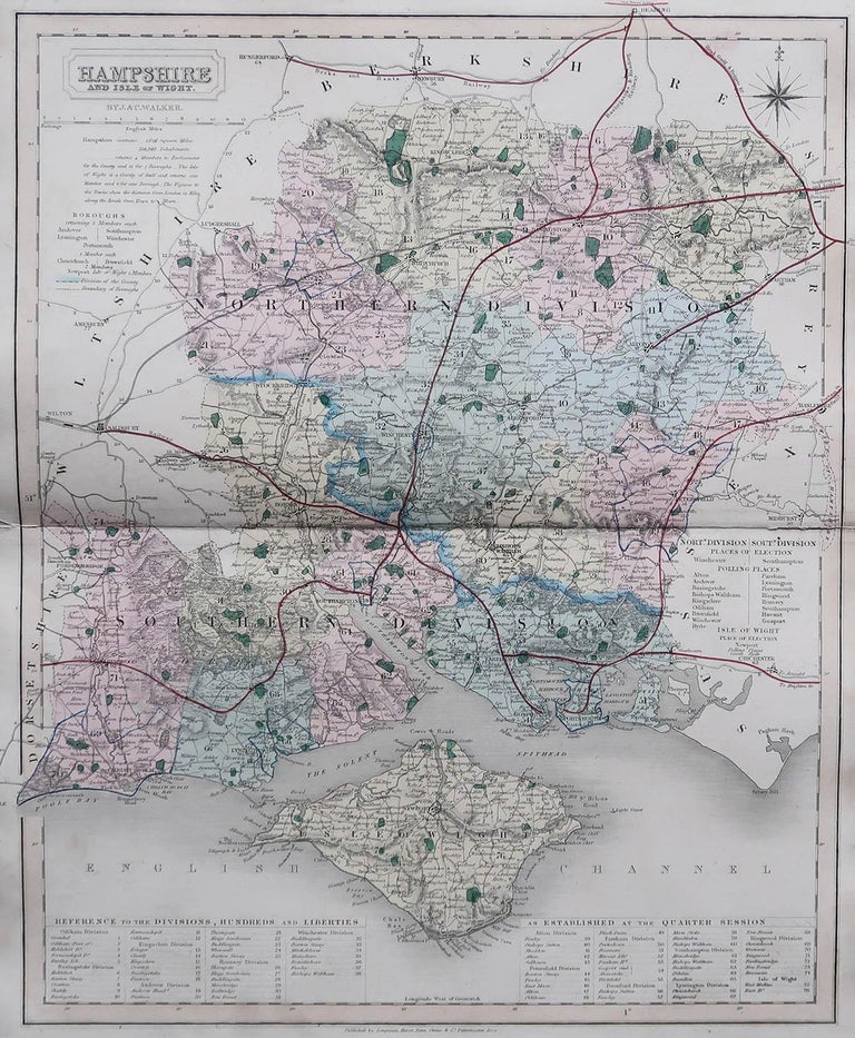 Original Antique English County Map, Hampshire, J and C Walker, 1851 ...