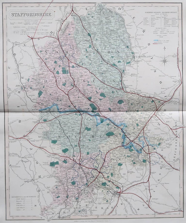 Original Antique English County Map, Staffordshire, J and C Walker ...