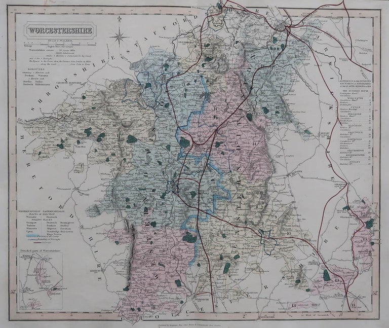 Original Antique English County Map, Worcestershire, J and C Walker ...
