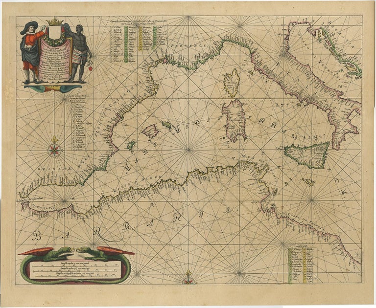 Original Antique Engraving of a Sea Chart of the Western Mediterranean ...