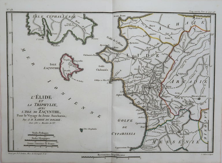 Original Antique Map of Ancient Greece, Elis, Island of Zakynthos, 1786 ...