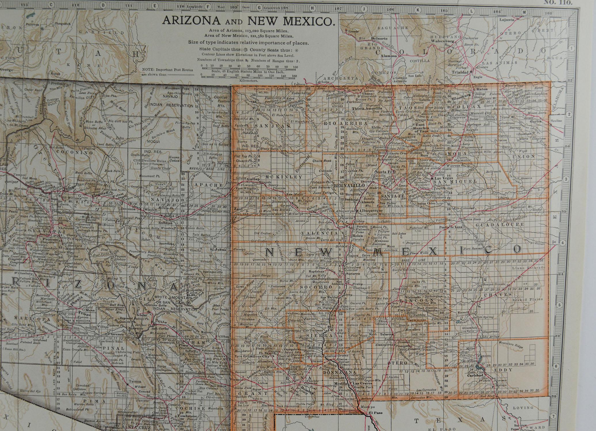 Original Antique Map of Arizona and New Mexico, circa 1890 For Sale at ...