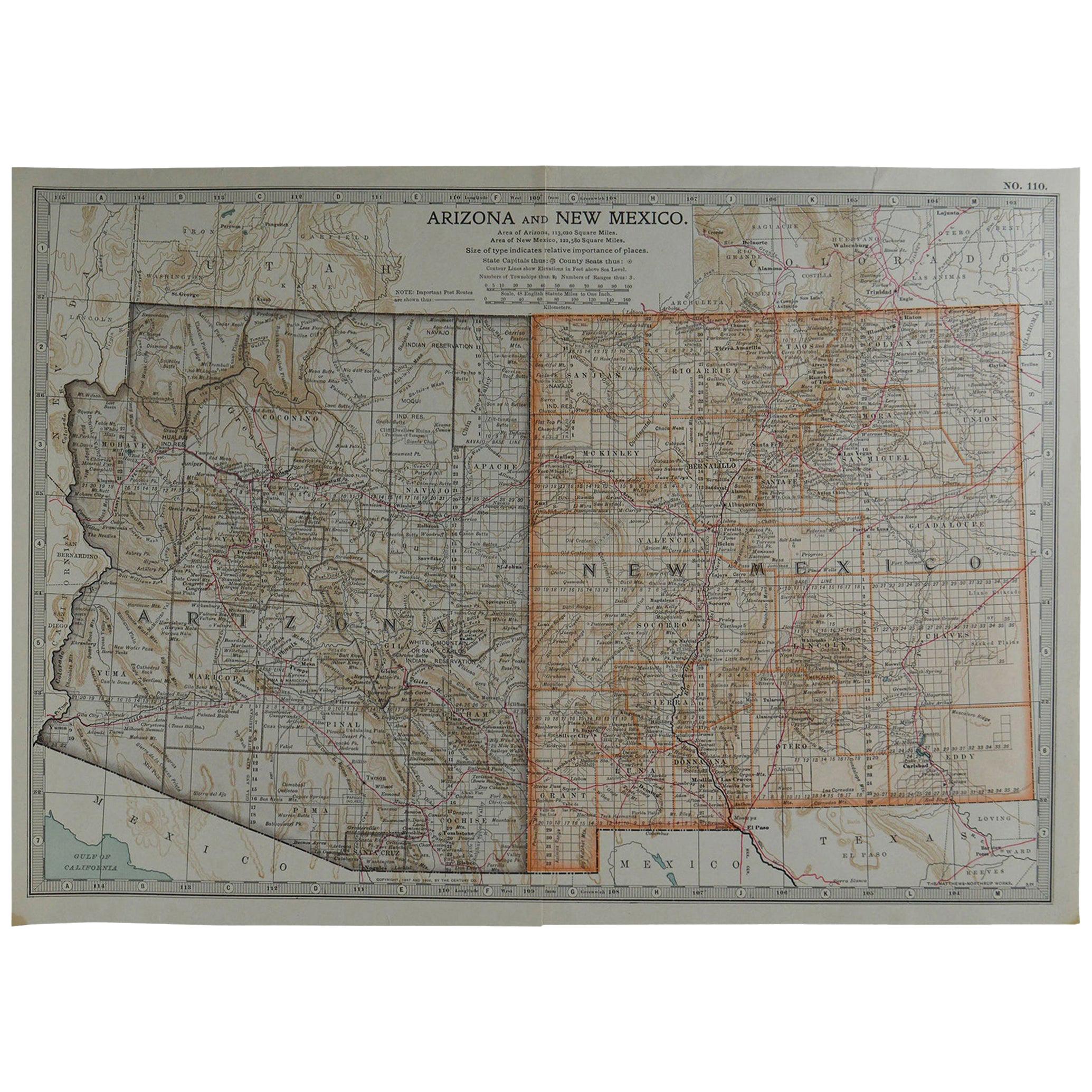 Original Antique Map of Arizona and New Mexico, circa 1890 For Sale at ...