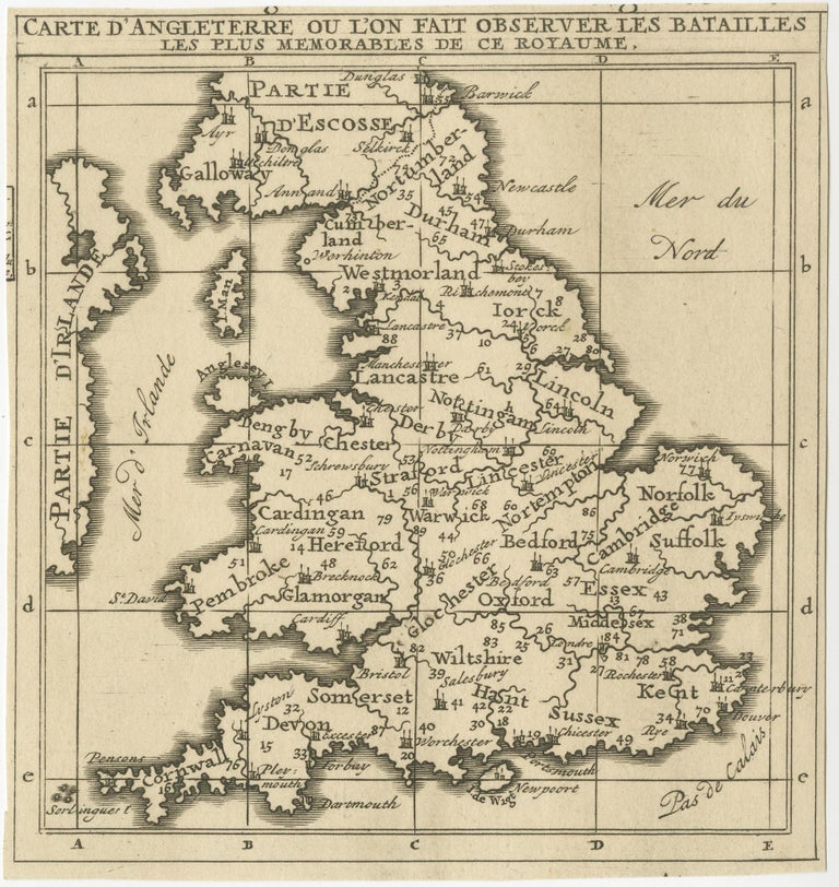 Original Antique Map of England, Showing the Most Memorable Battles For ...