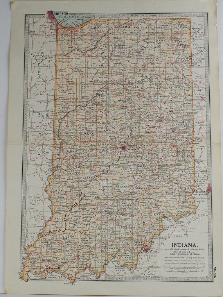 Original Antique Map of Indiana, circa 1890 For Sale at 1stDibs