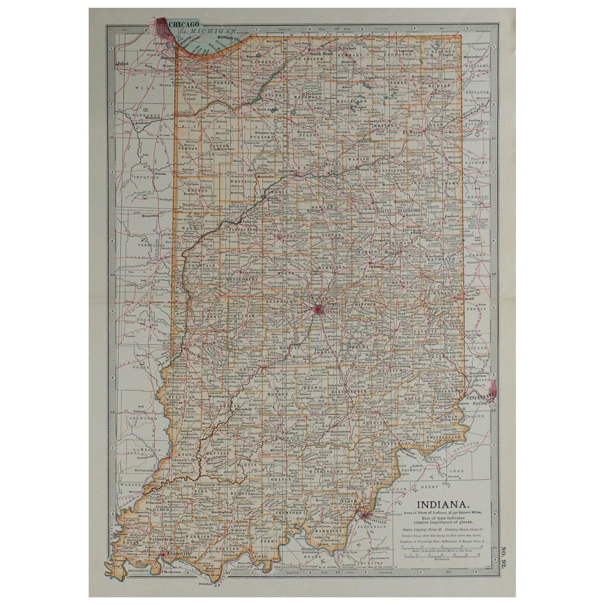 Original Antique Map of Indiana, circa 1890 at 1stDibs