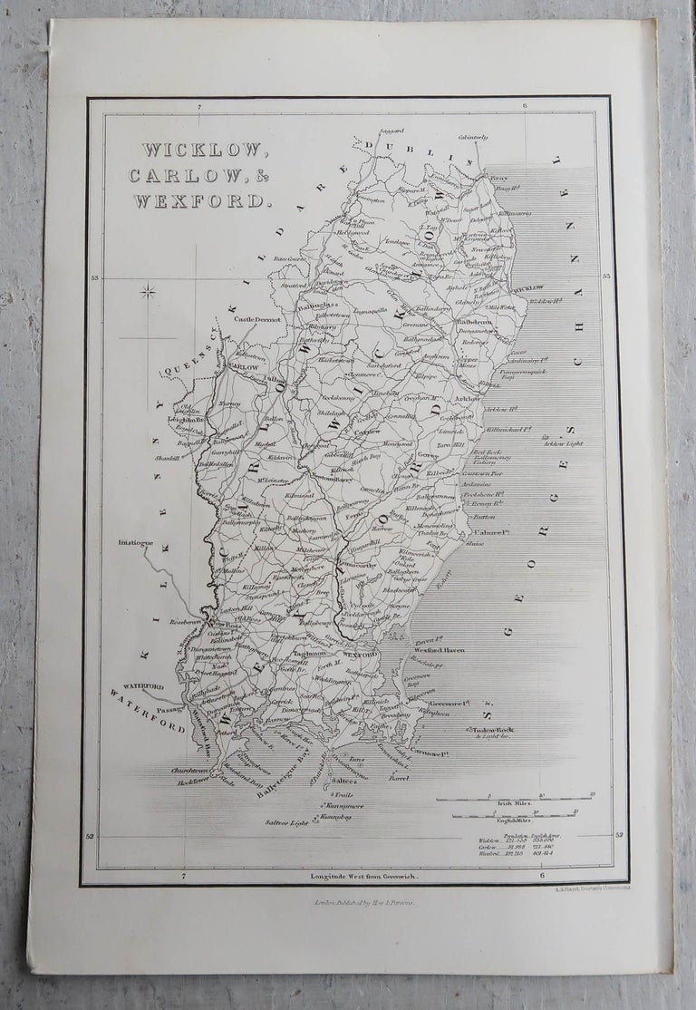 Original Antique Map of Ireland- Wicklow, Carlow and Wexford. C.1840 ...