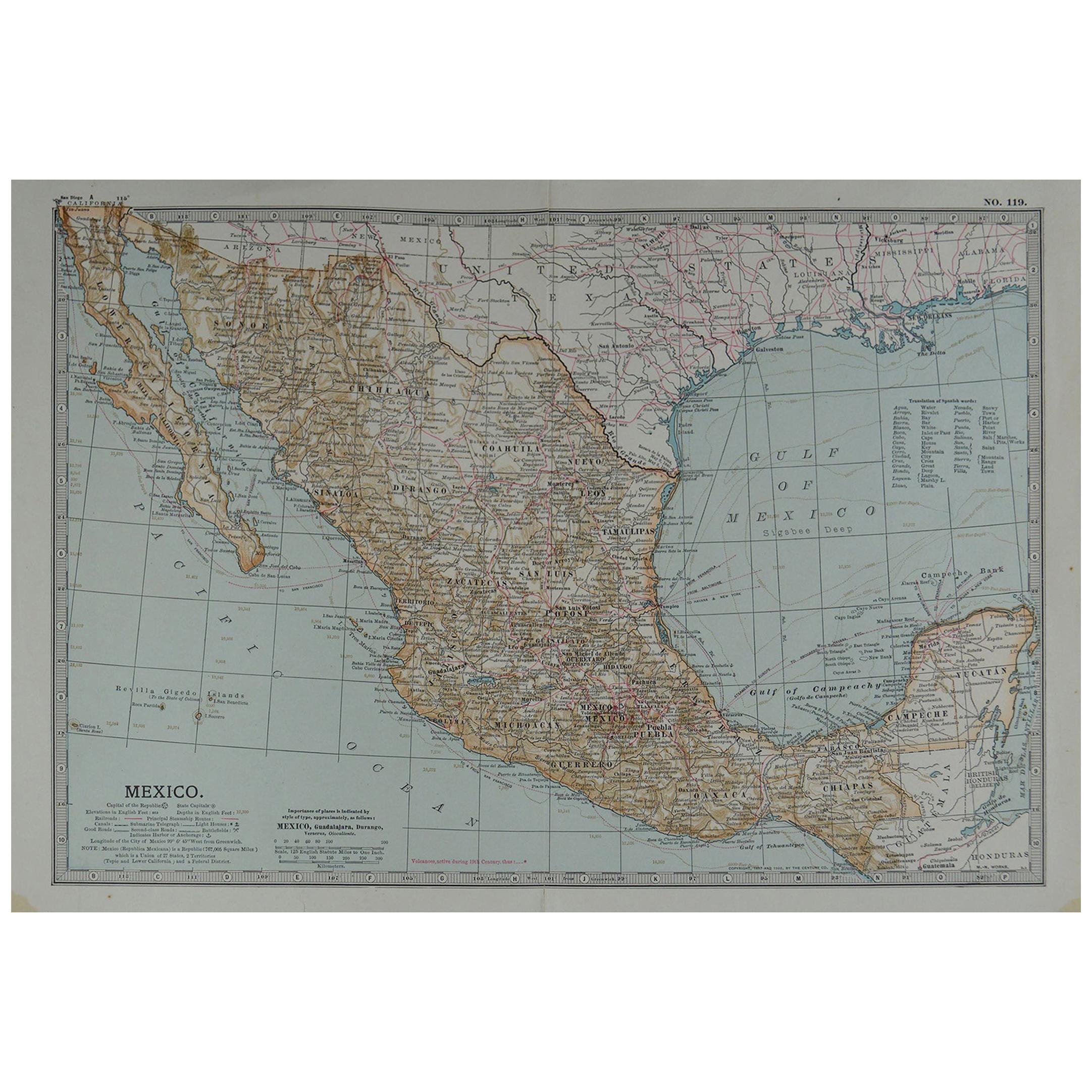 Original Antique Map of Mexico, circa 1890 For Sale at 1stDibs