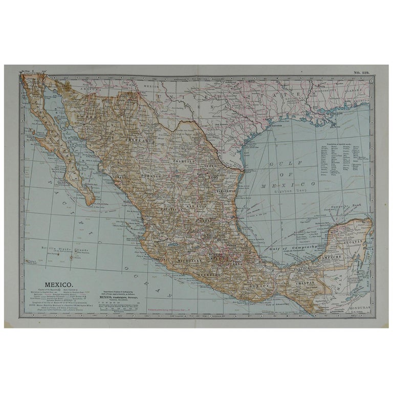 Original Antique Map of Mexico, circa 1890 For Sale at 1stDibs