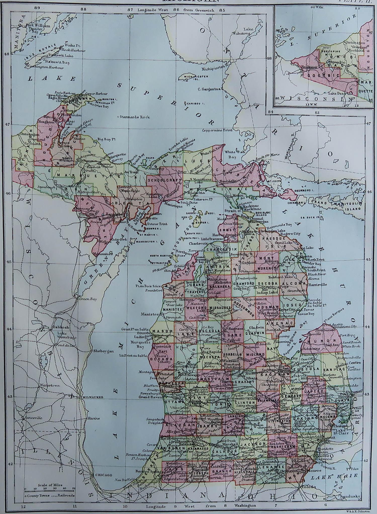 Original Antique Map of Michigan, 1889 For Sale at 1stDibs