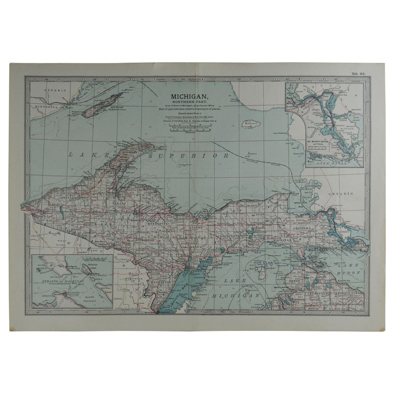 Original Antique Map of Michigan, circa 1890 For Sale at 1stDibs