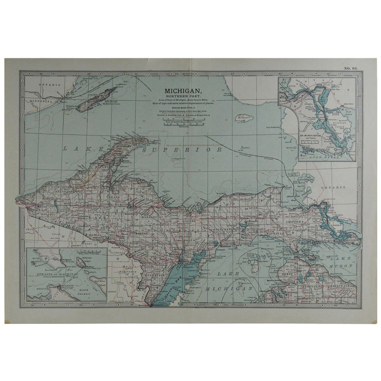 Original Antique Map of Michigan, circa 1890 at 1stDibs