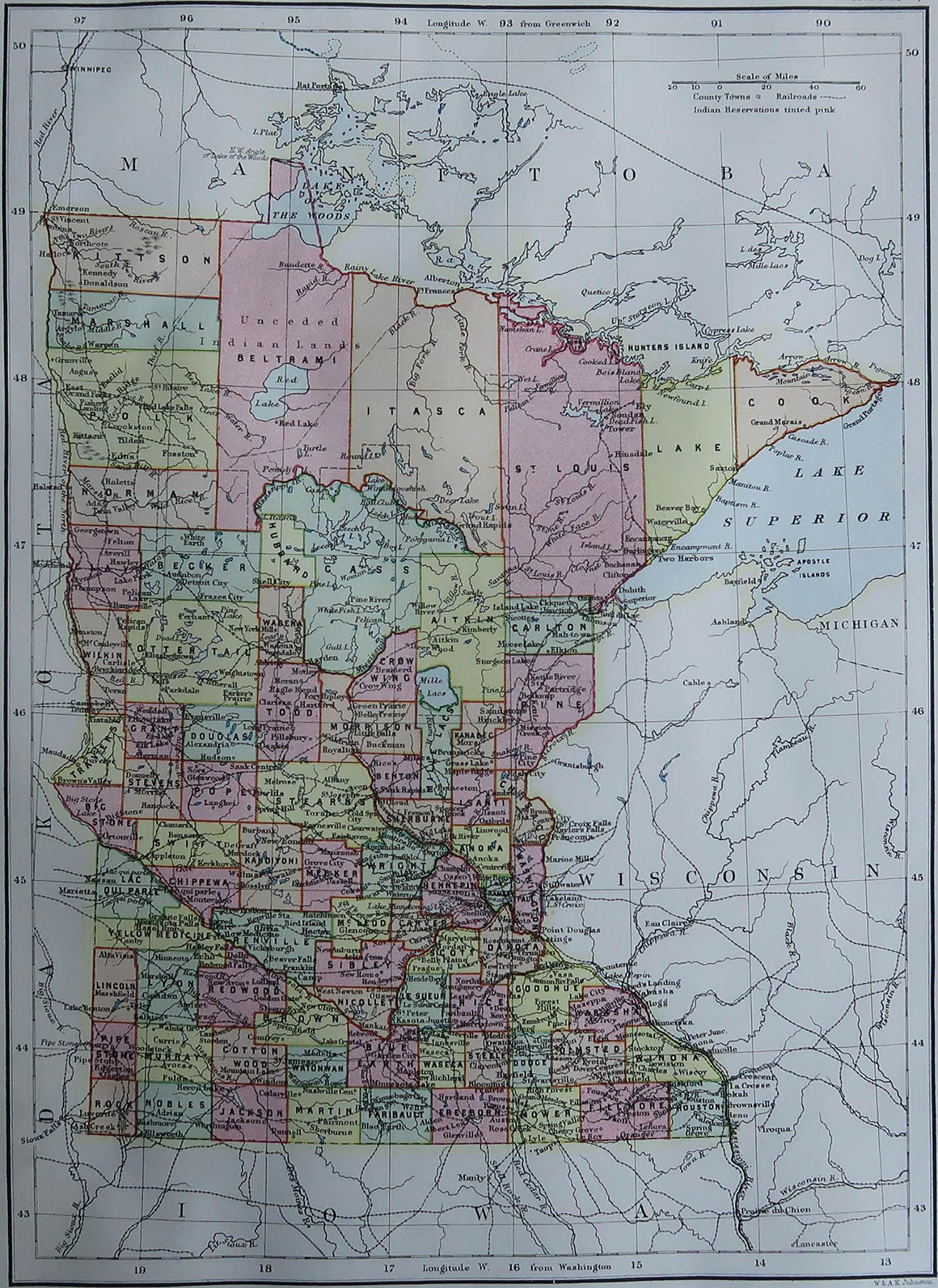 Original Antique Map of Minnesota, 1889 at 1stDibs