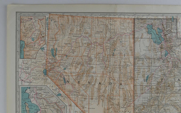 Original Antique Map of Nevada and Utah, circa 1890 at 1stDibs