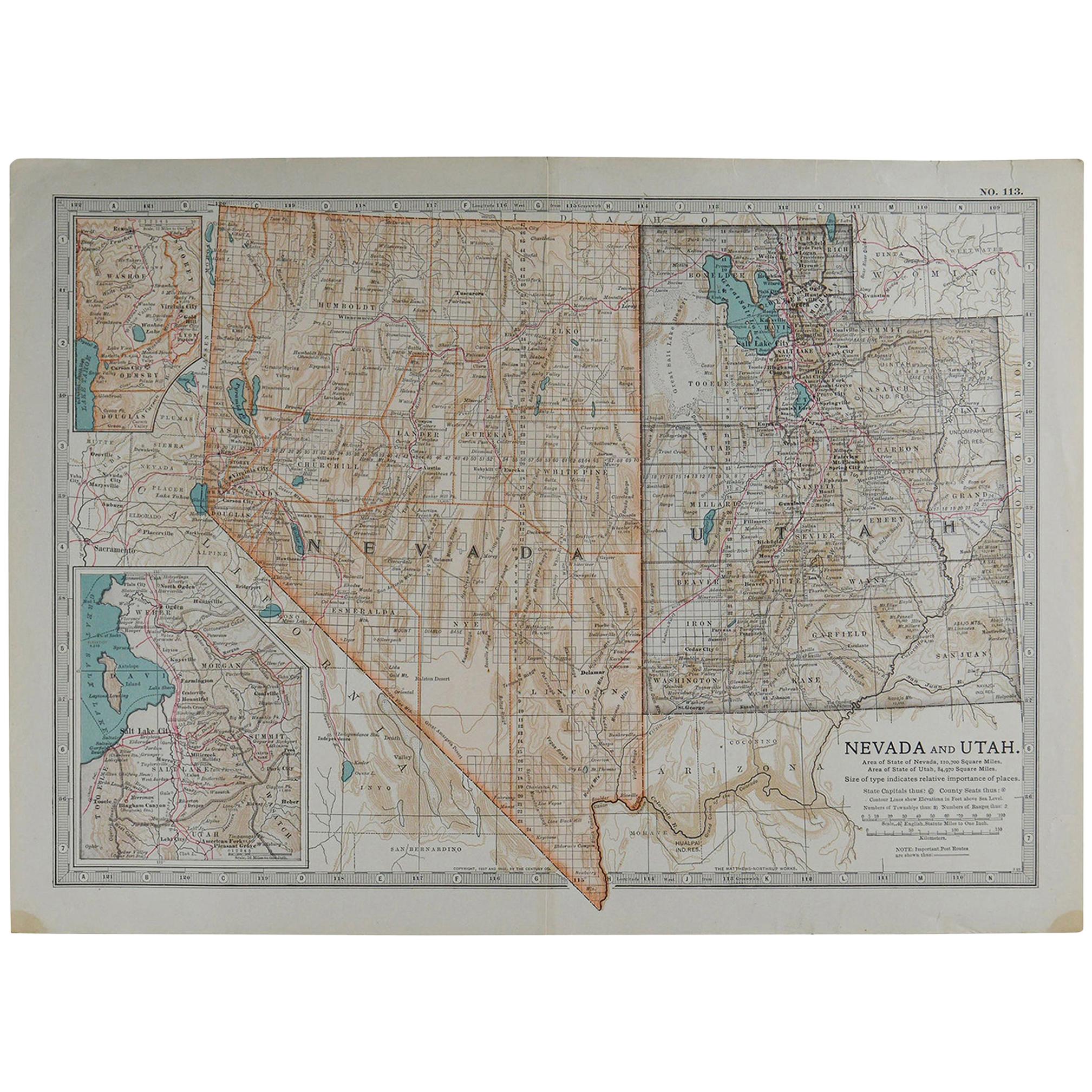 Original Antique Map of Nevada and Utah, circa 1890 For Sale at 1stDibs