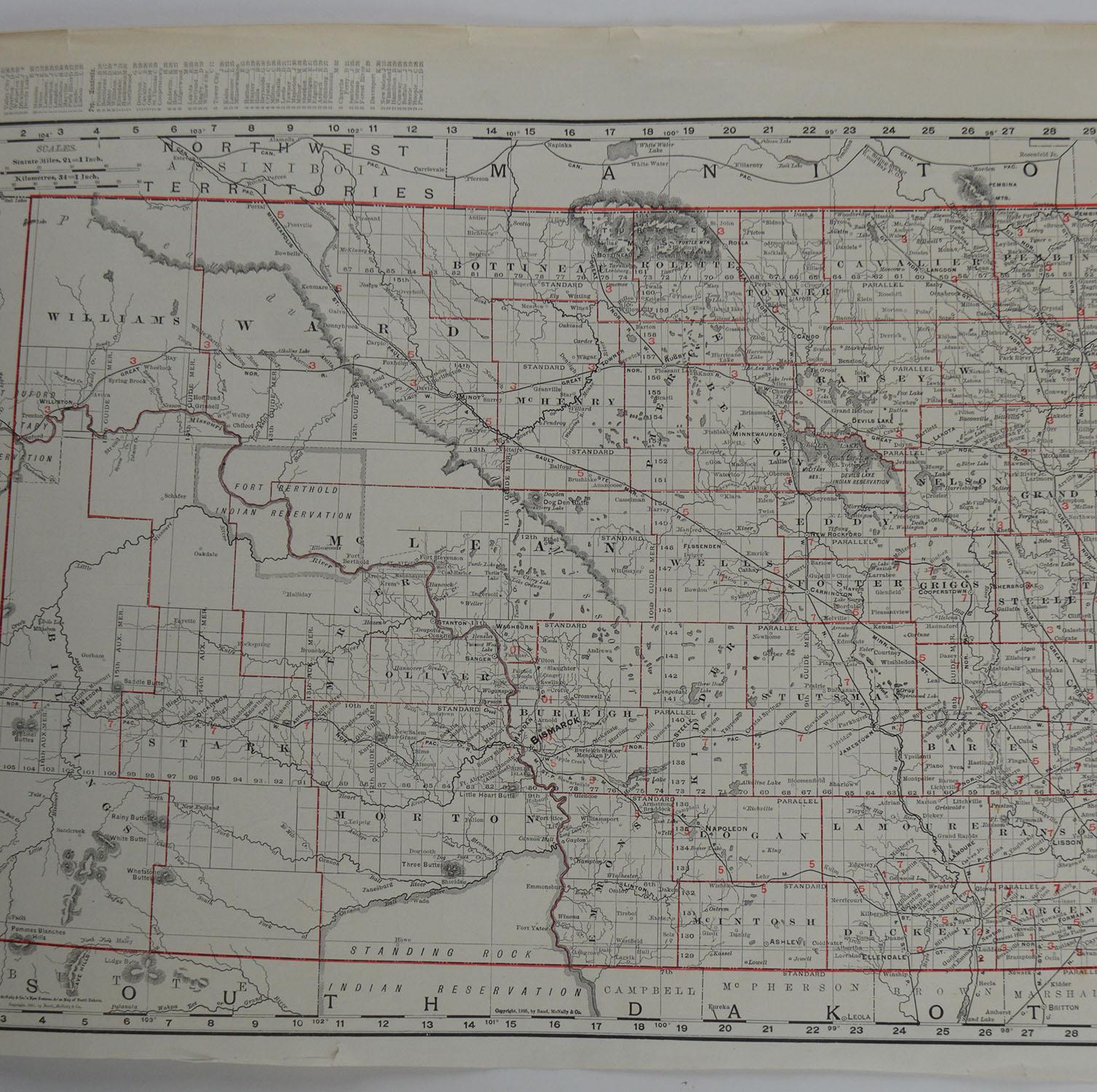 Original Antique Map of North Dakota by Rand McNally, circa 1900 For ...