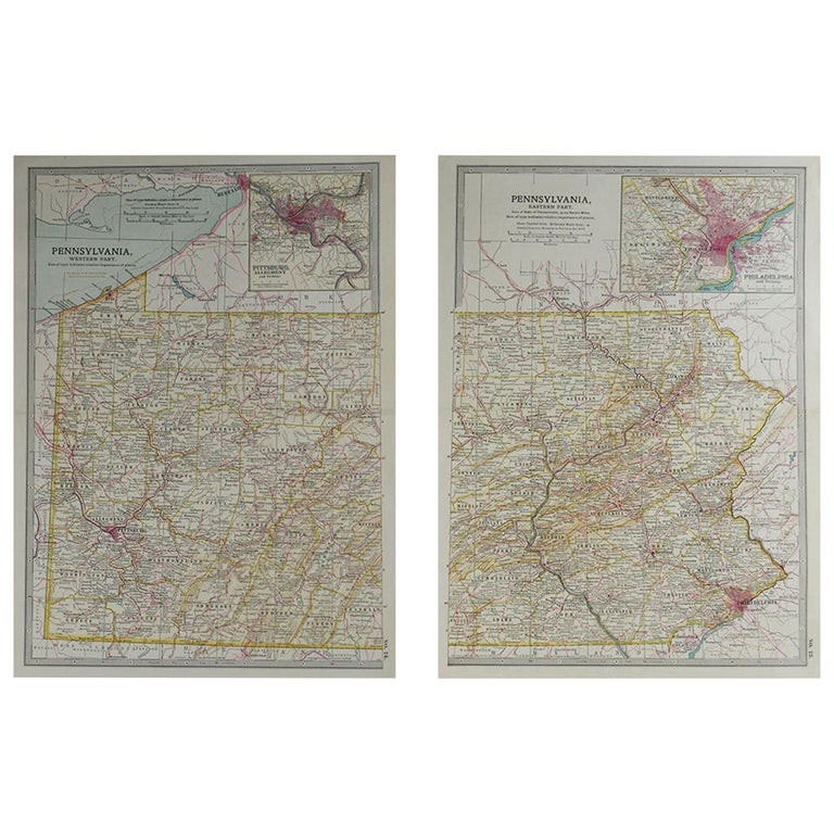 Original Antique Map of Pennsylvania, circa 1890 For Sale at 1stDibs