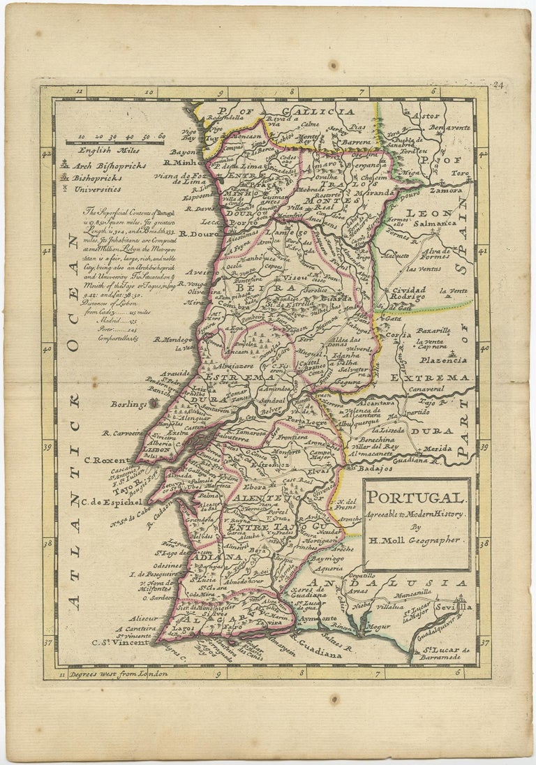 Original Antique Map of Portugal, Showing Many Details, 1727 at 1stDibs