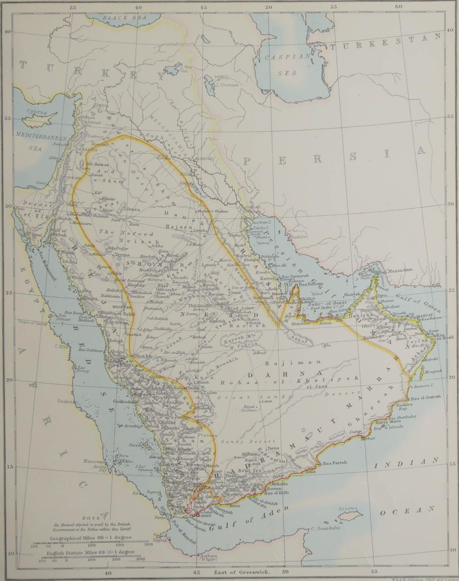 Original Antique Map of Saudi Arabia, 1889 For Sale at 1stDibs