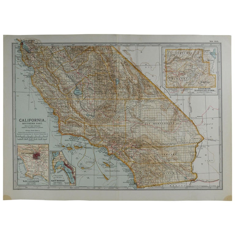 Original Antique Map of Southern California, circa 1890 at 1stDibs