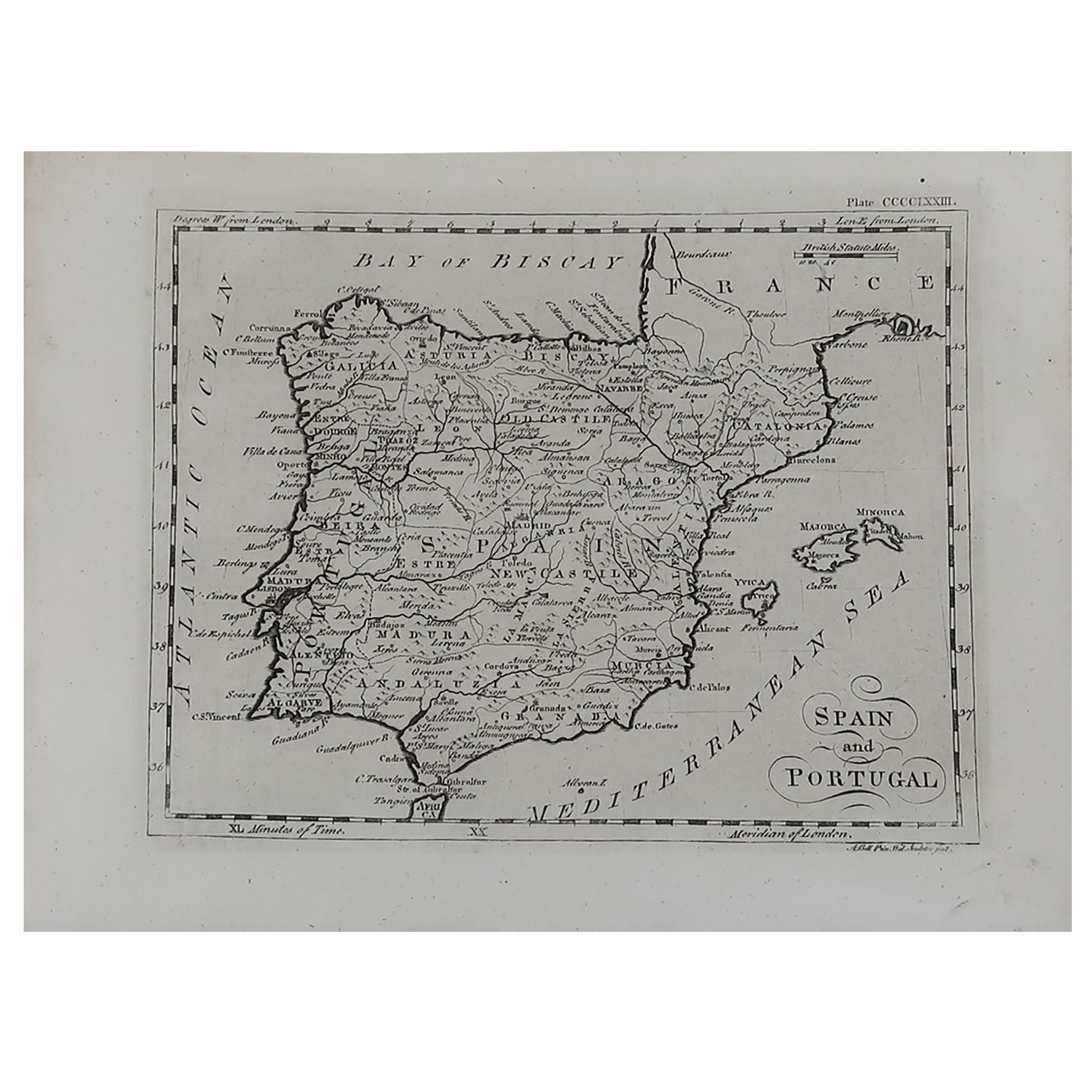 Original Antique Map of Spain and Portugal, circa 1790 For Sale at 1stDibs