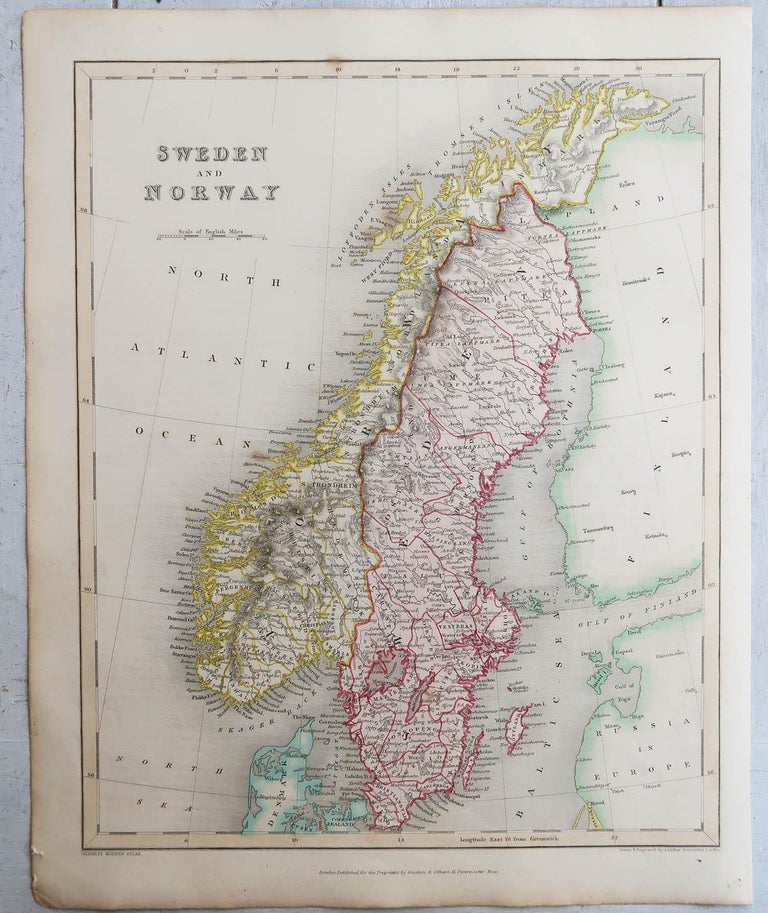 Original Antique Map of Sweden and Norway, Grattan and Gilbert, 1843 ...
