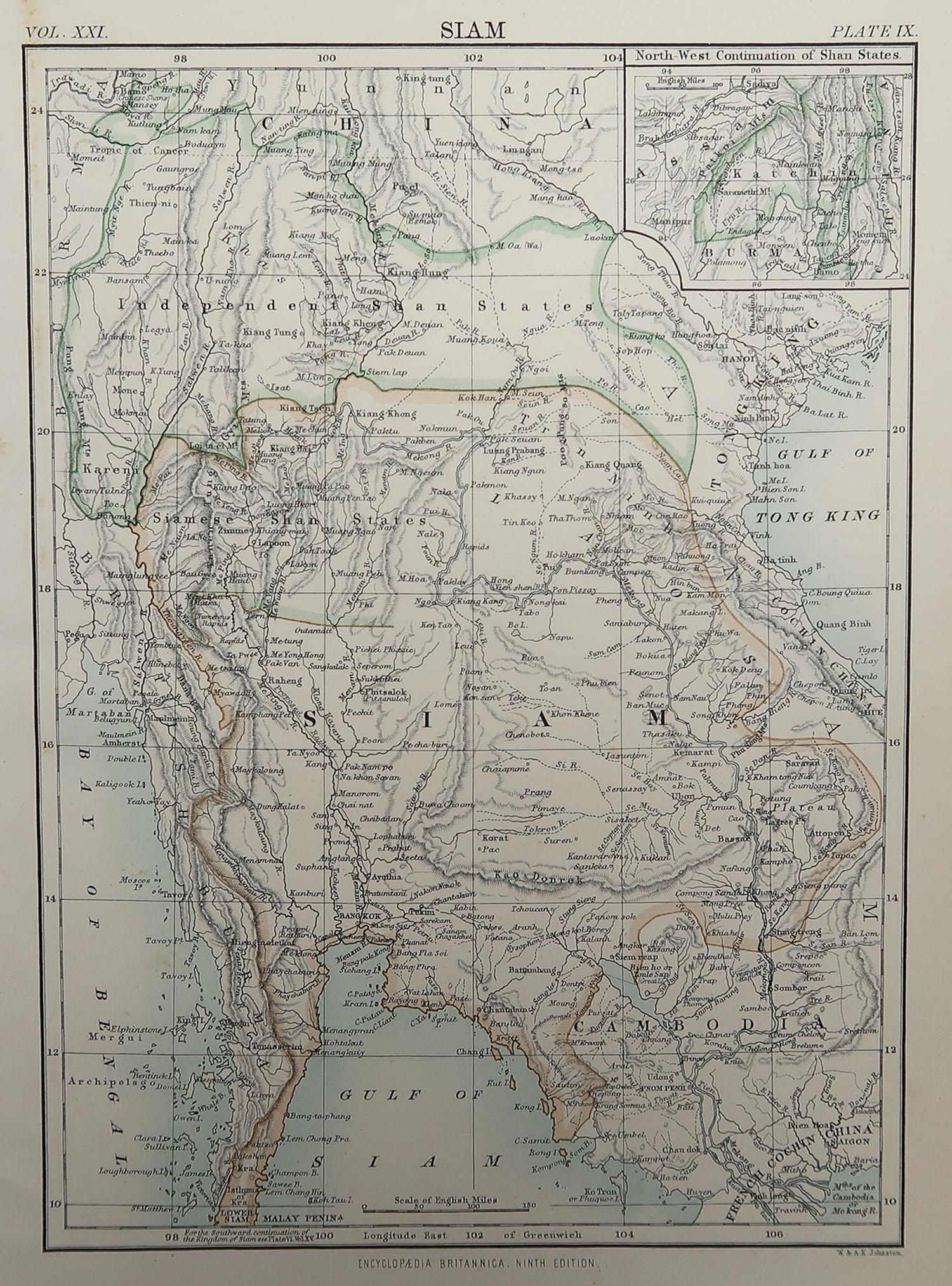 Original Antique Map of Thailand, 1889 at 1stDibs