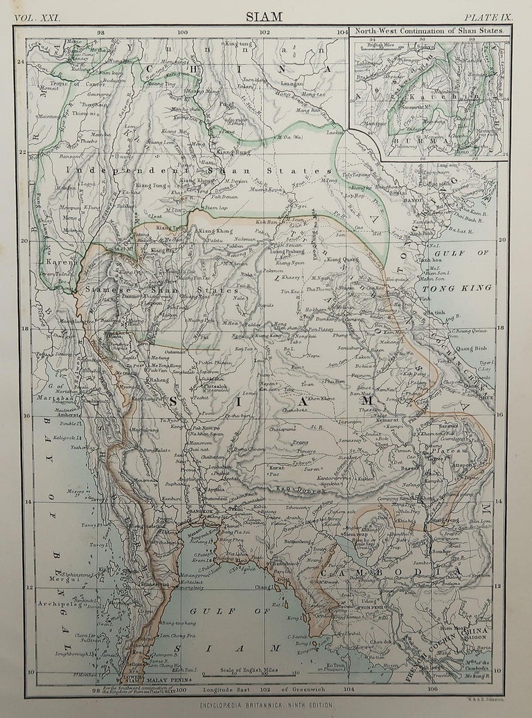 Original Antique Map of Thailand, 1889 For Sale at 1stDibs